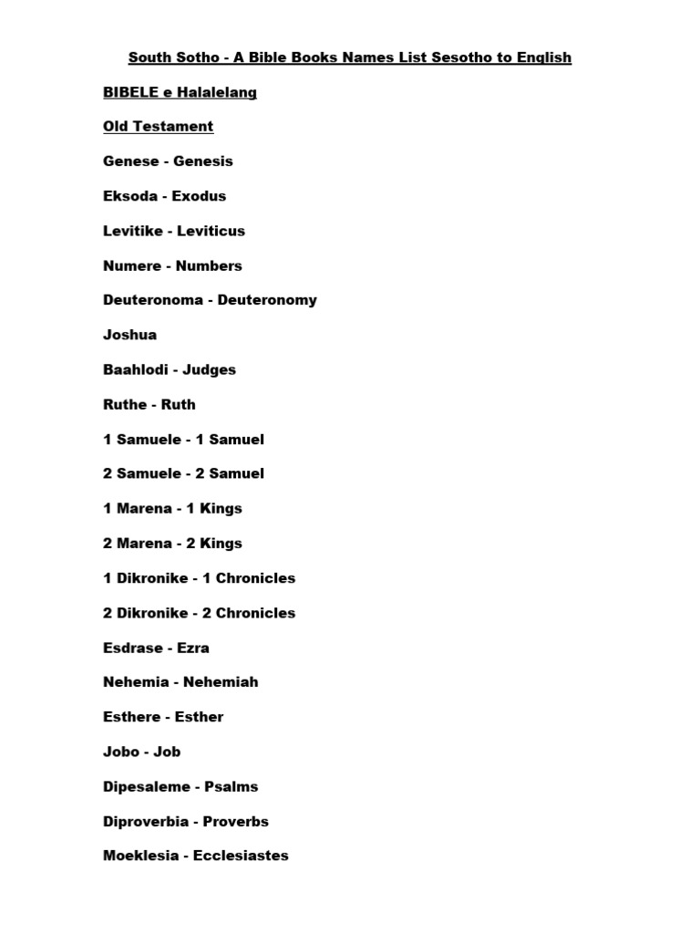 South Sotho - A Bible Books Names List Sesotho To English | PDF