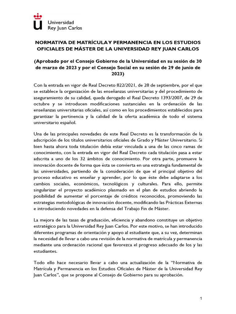 Normativa de Matricula y Permanencia en Los Estudios de Master de La URJC | PDF