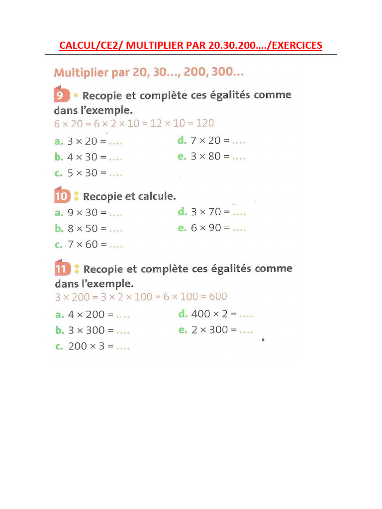 Calcul CE2 Mult Par 20 300 Exercices | PDF