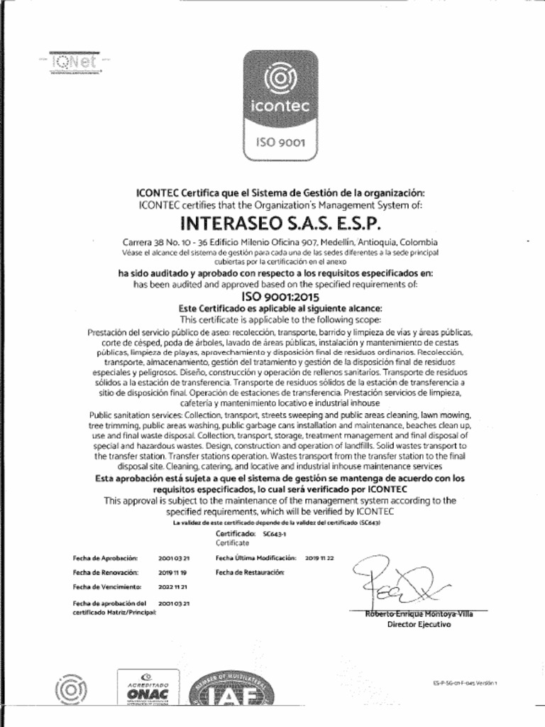 Certificado de Icontec 9001 Interaseo | PDF