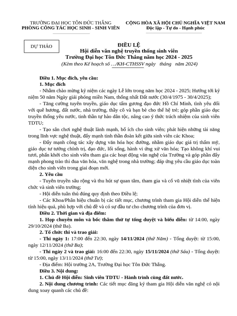 (Dự thảo) Điều lệ Hội diễn văn nghệ TDTU năm học 2024 - 2025 | PDF