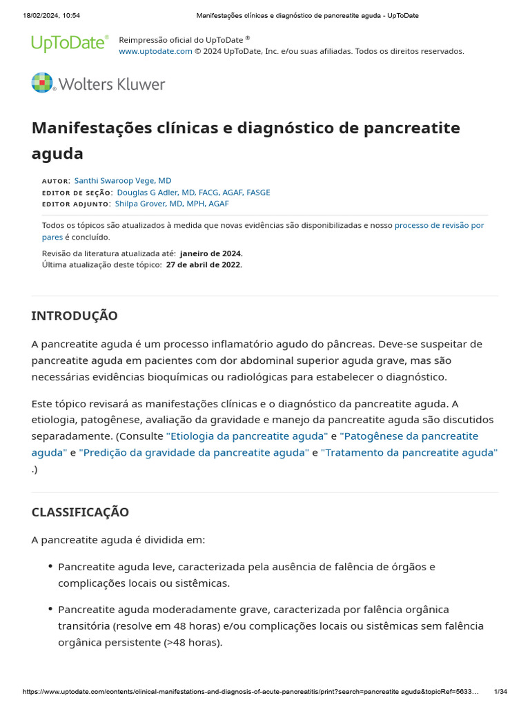 Manifestações Clínicas e Diagnóstico de Pancreatite Aguda - UpToDate | PDF