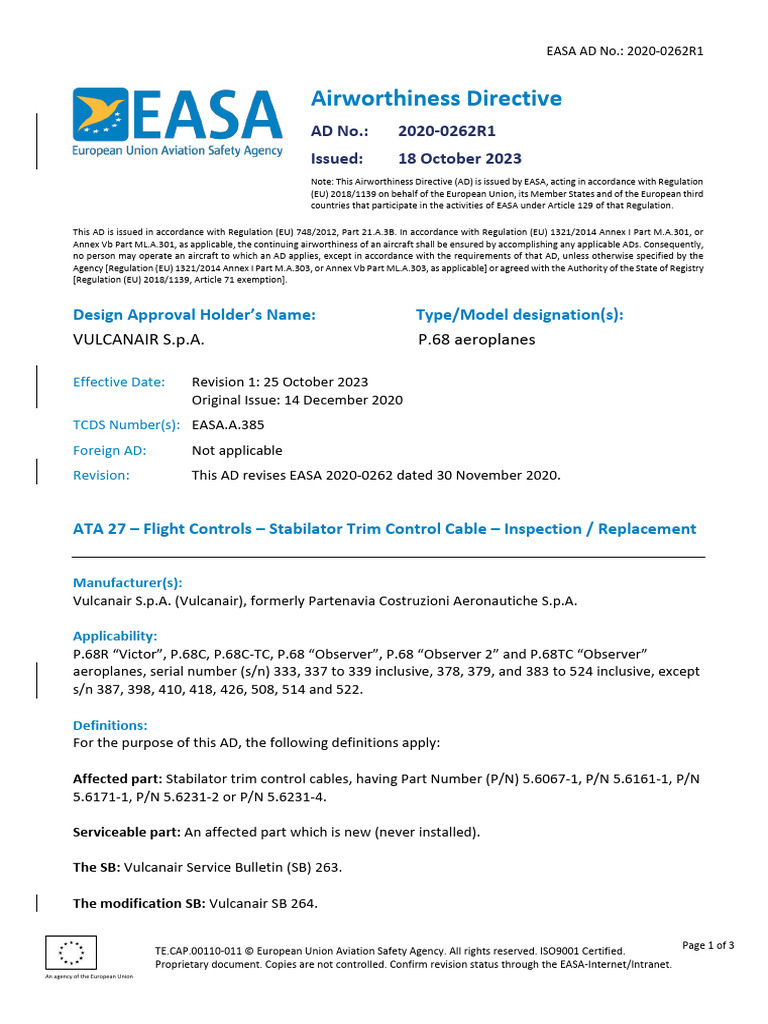 Easa Ad 2020-0262R1 1 | PDF