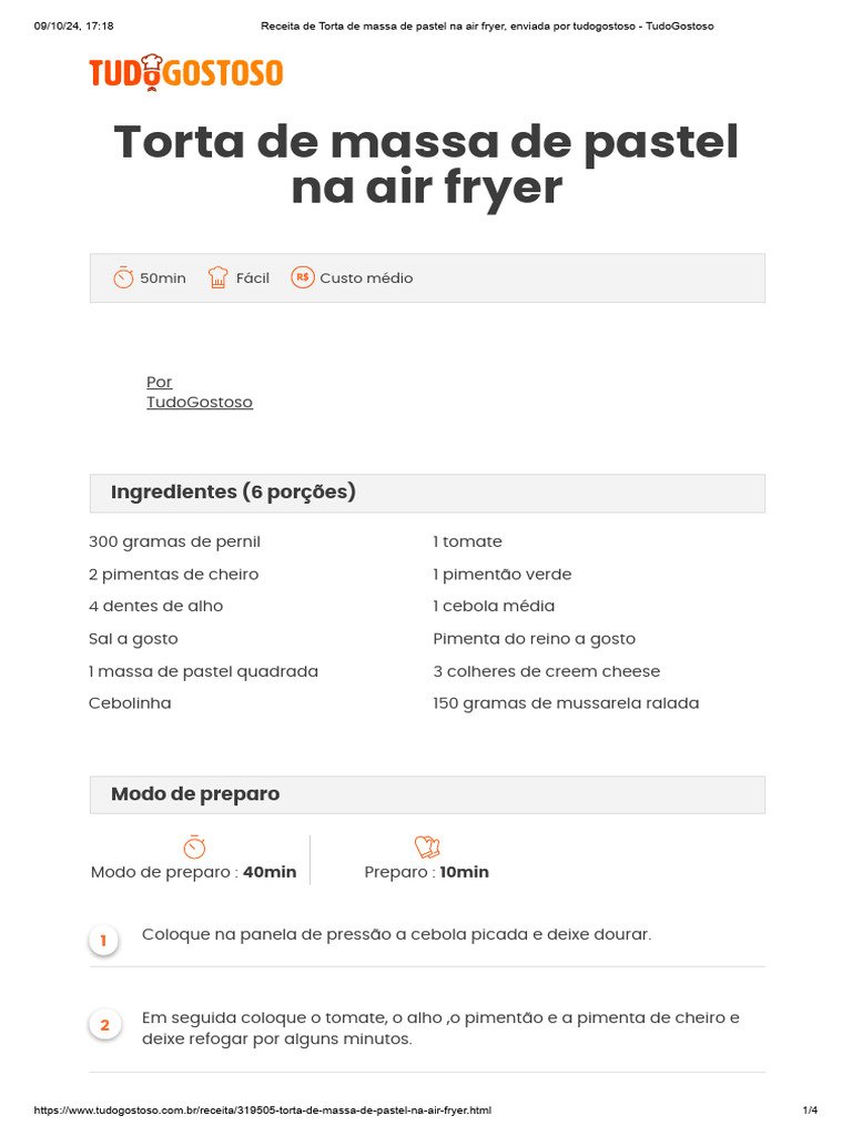 Receita de Torta de Massa de Pastel Na Air Fryer, Enviada Por ...