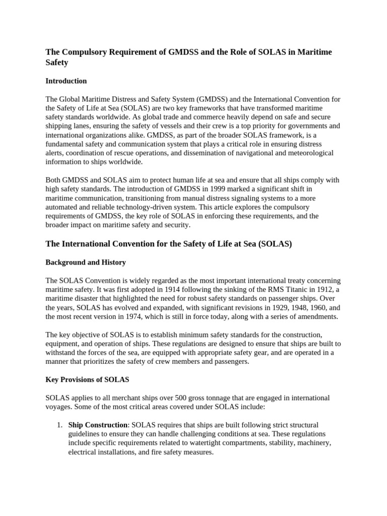 The Compulsory Requirement of GMDSS and The Role of SOLAS in Maritime Safety | PDF