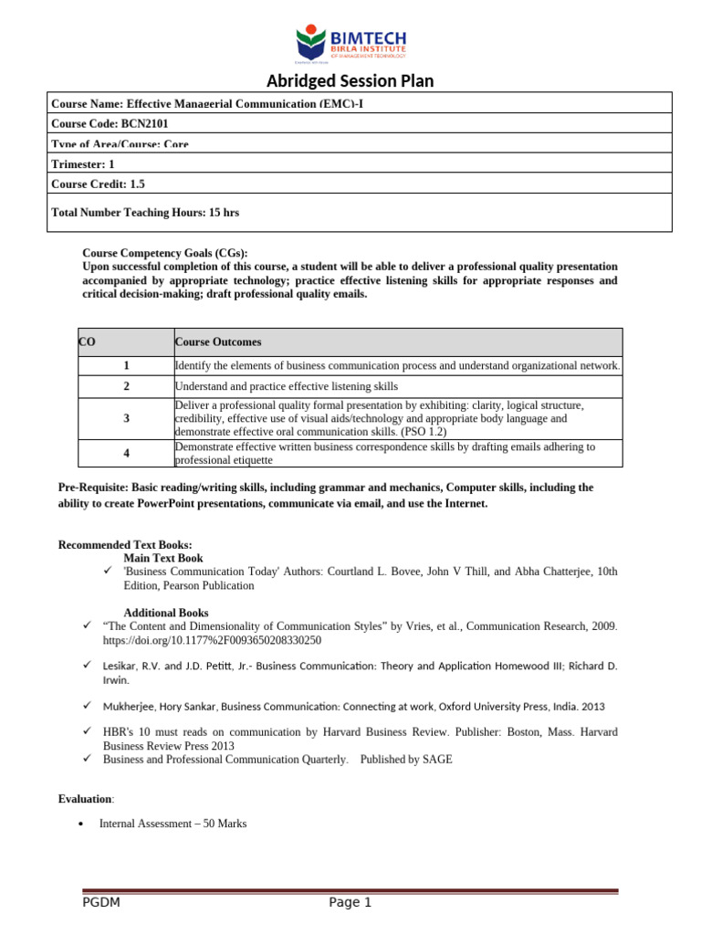 EMC1-Abridged Session Plan - Course Outline 2024-26 | PDF
