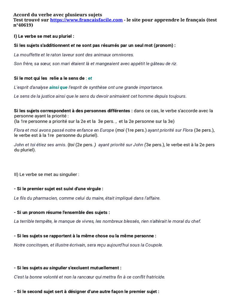 Accord Du Verbe Avec Plusieurs Sujets | PDF