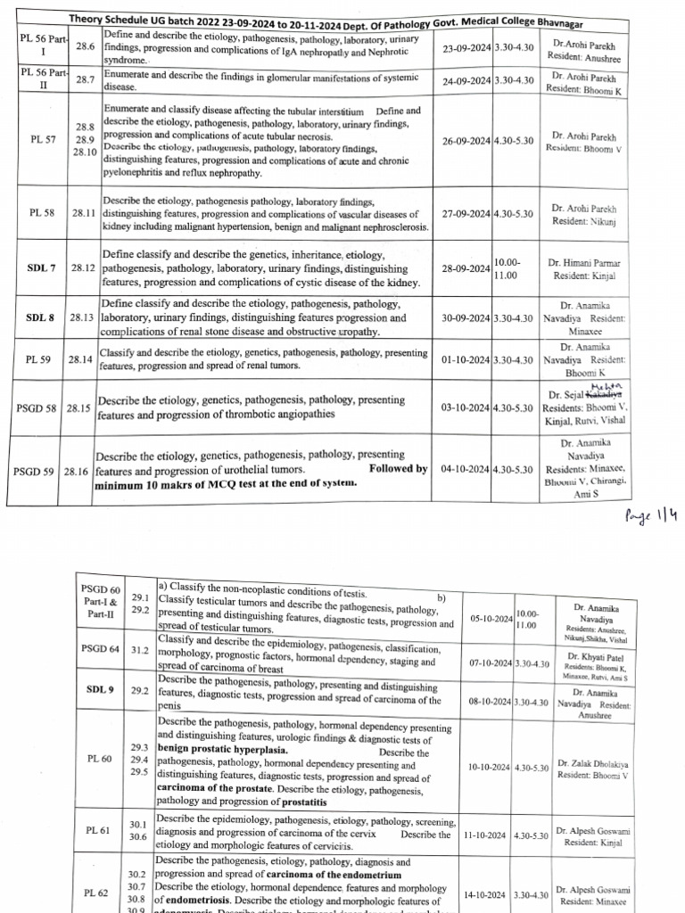 Theory Schedule Batch 2022 Dept - of Pathology GMCB 23-9-24 To 20-11-2024sep 20, 2024 | PDF