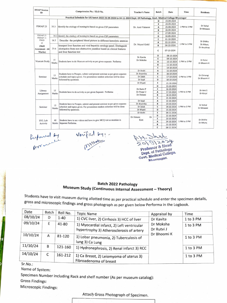 Practical Schedule Batch 2022 Dept. of Pathology GMCB 23-9-24 To 4-11-24sep 20, 2024 | PDF