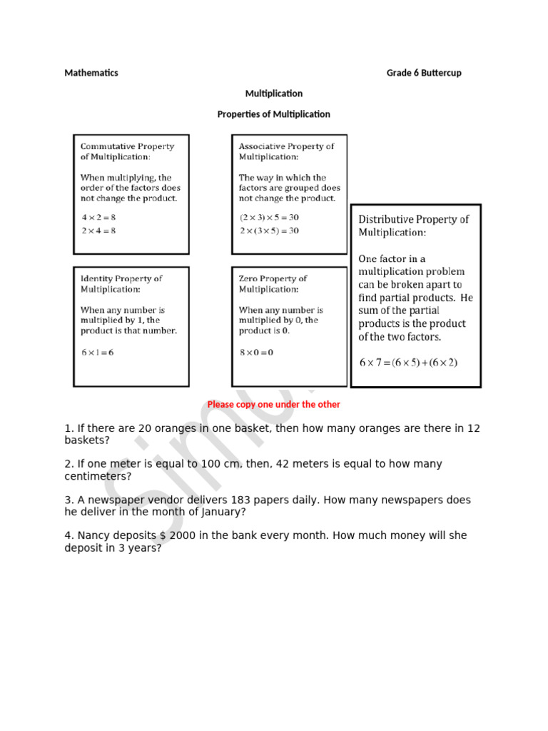 Multiplication of whole numbers | PDF