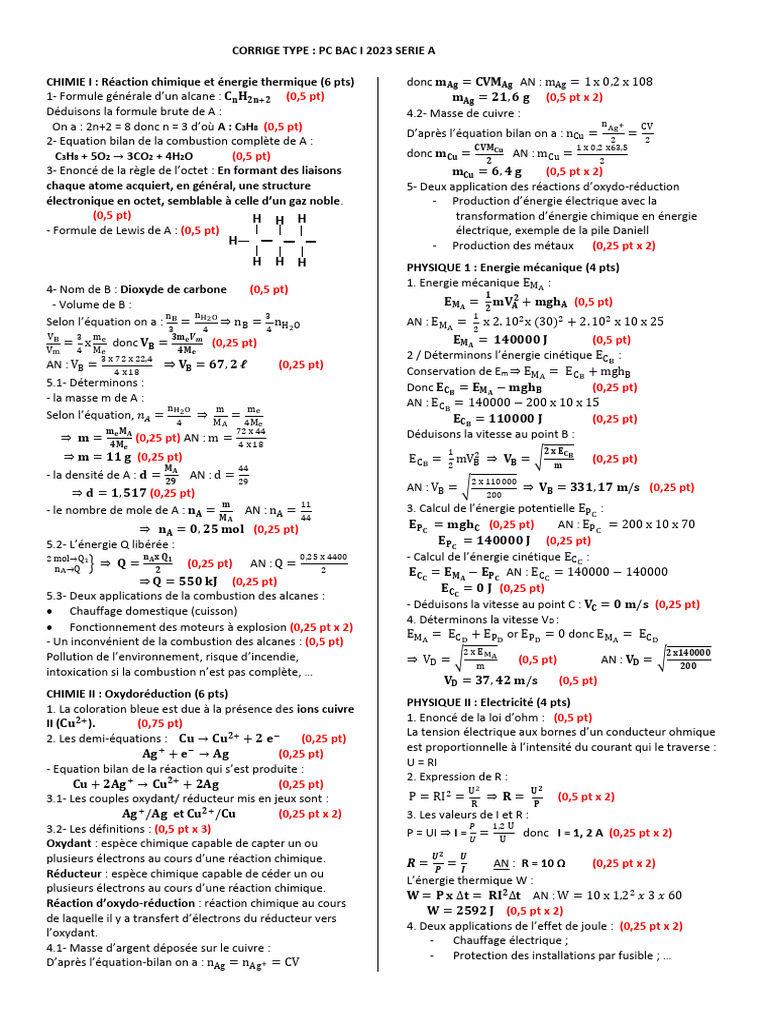 Corrigé Type PC BAC 1 2023 - Série A4 | PDF