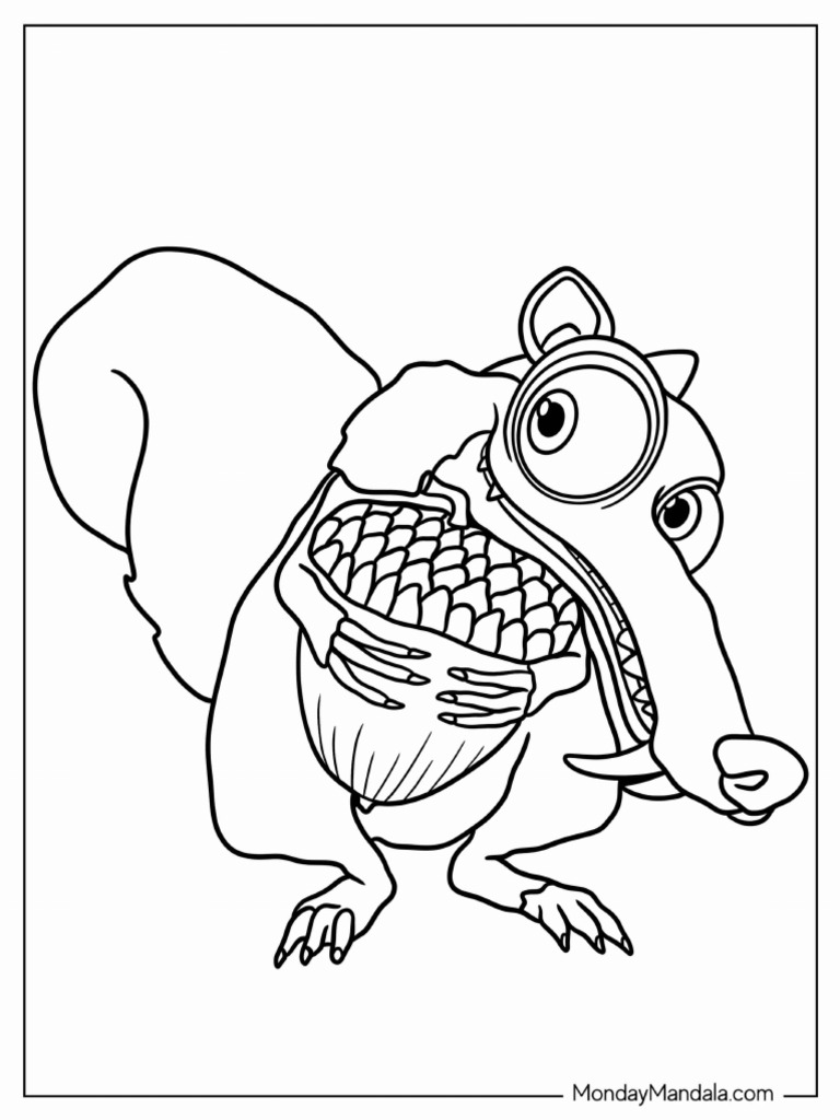 Cute Scrat Hugging Acorn Coloring Page | PDF