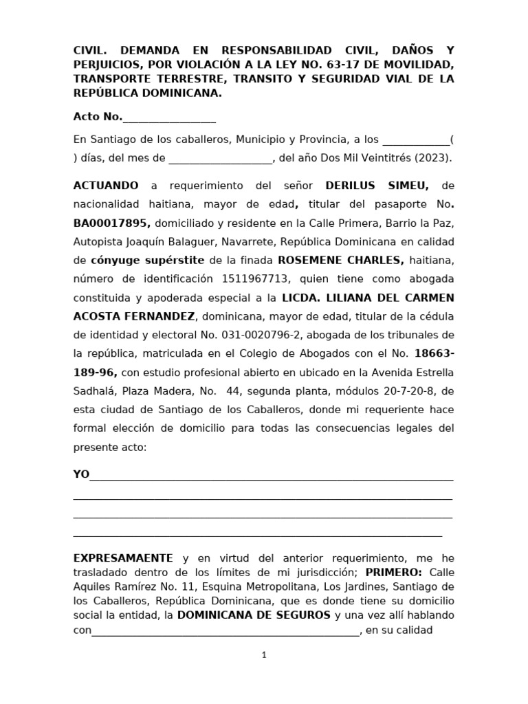 Demanda en Responsabilidad Civil Daños y Perjuicios Derilus Simeu | PDF