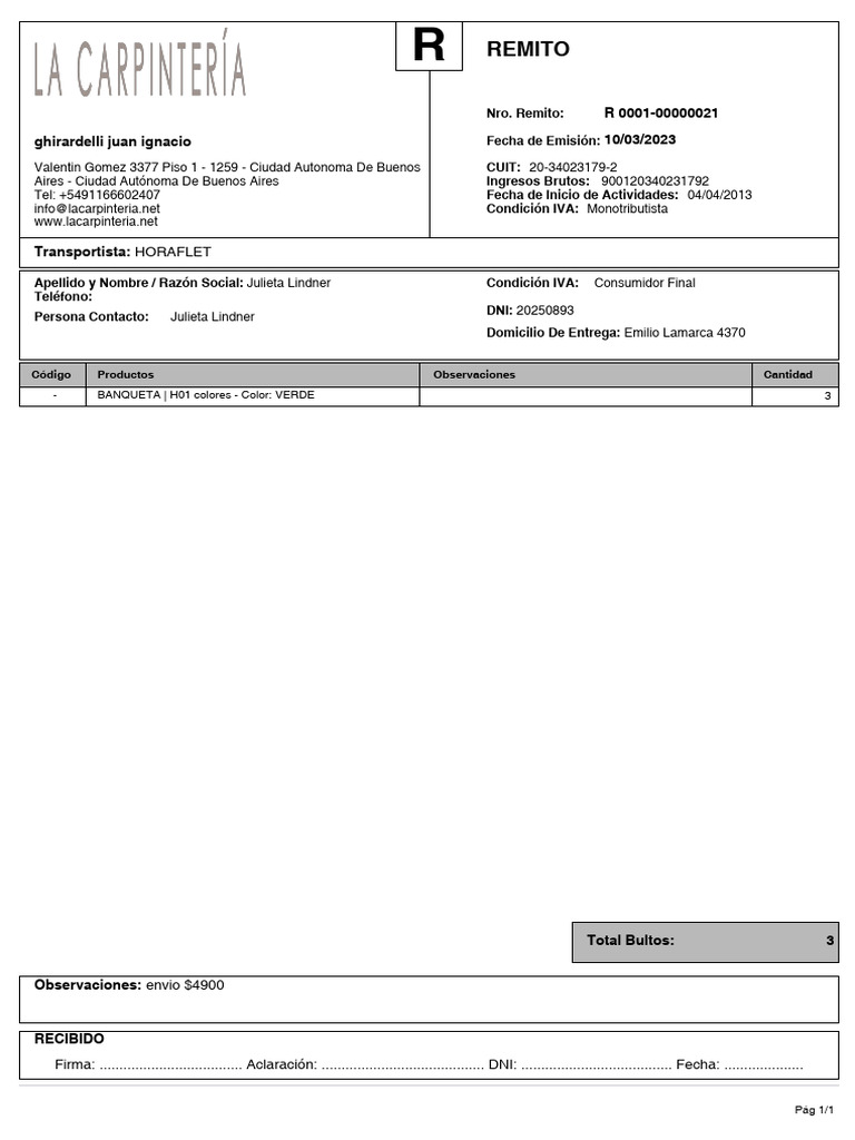 Remito de Venta No R 0001-00000021 | PDF