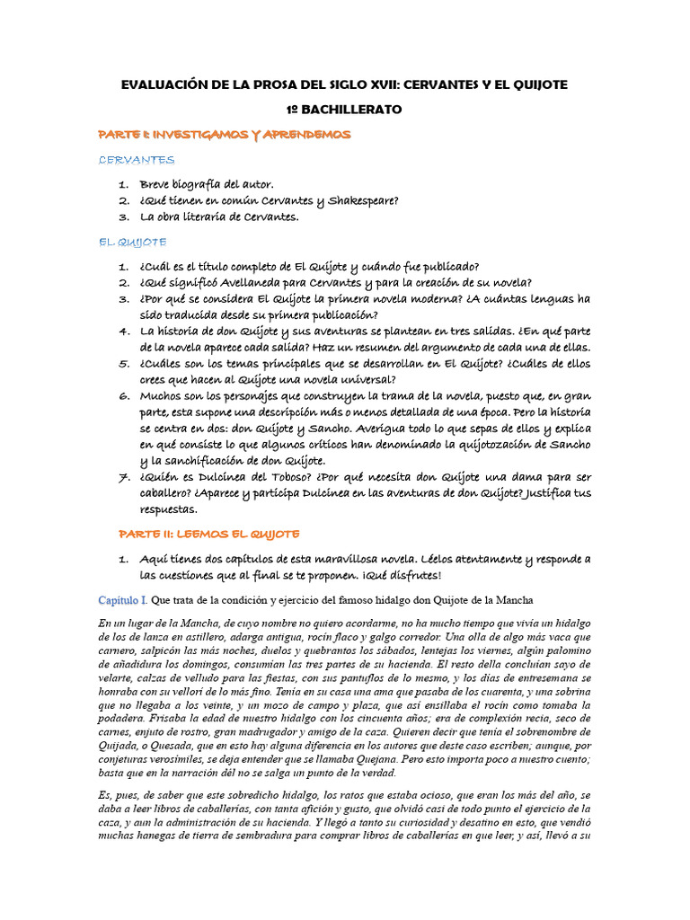Evaluación Del Quijote.1ºbach | PDF | Don Quijote | Miguel De Cervantes