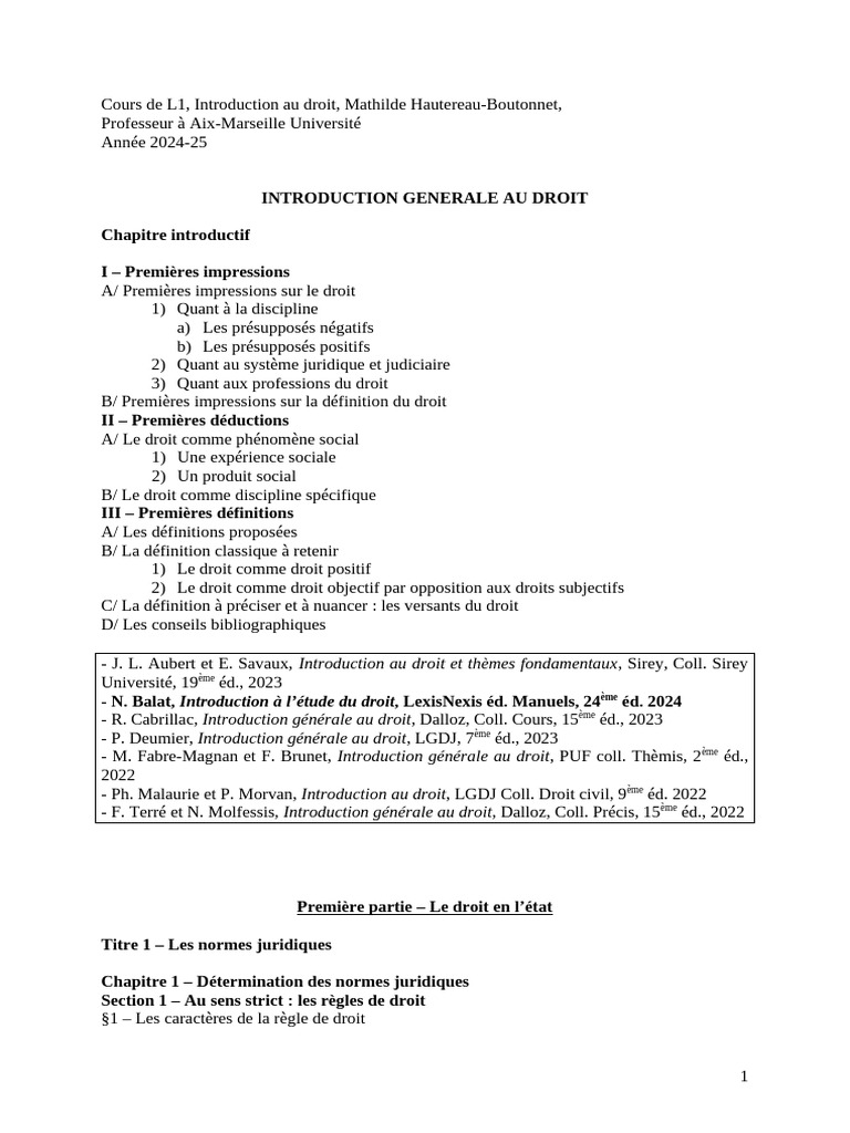 Cours Introduction Au Droit, L1 Marseille. 2024 Plan | PDF