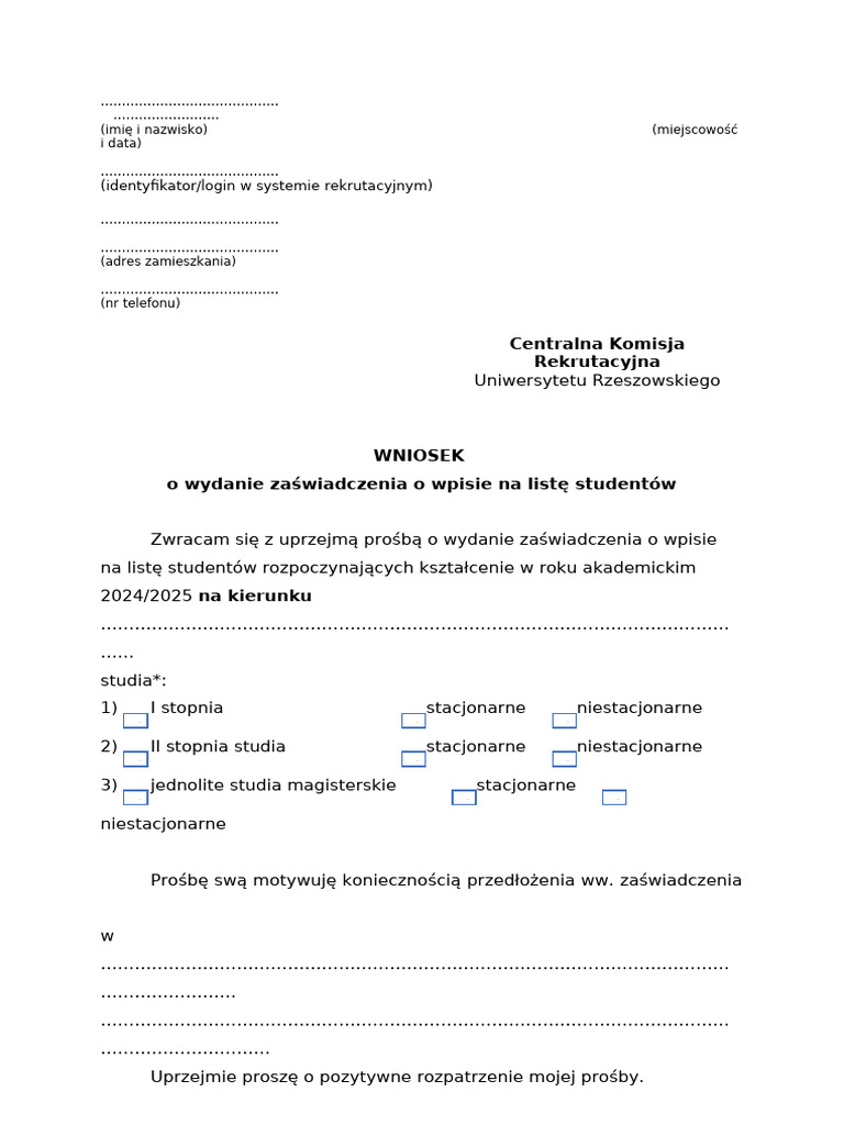 Wniosek - Wydanie Zaświadczenia o Wpisie Na Listę Studentów | PDF