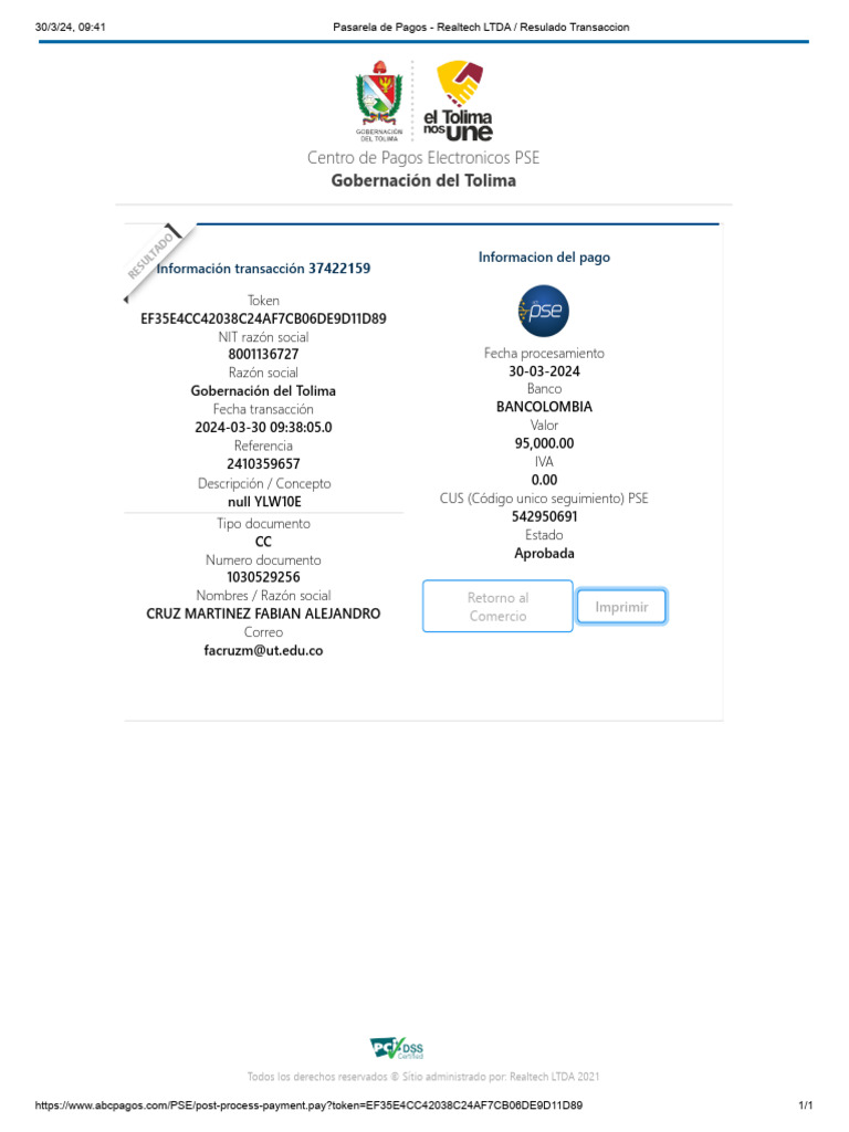 Pasarela de Pagos - Realtech LTDA - Resulado Transaccion | PDF