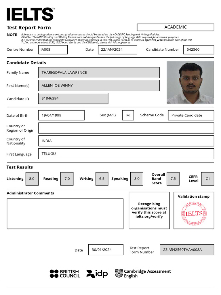 IELTS Score Card | PDF