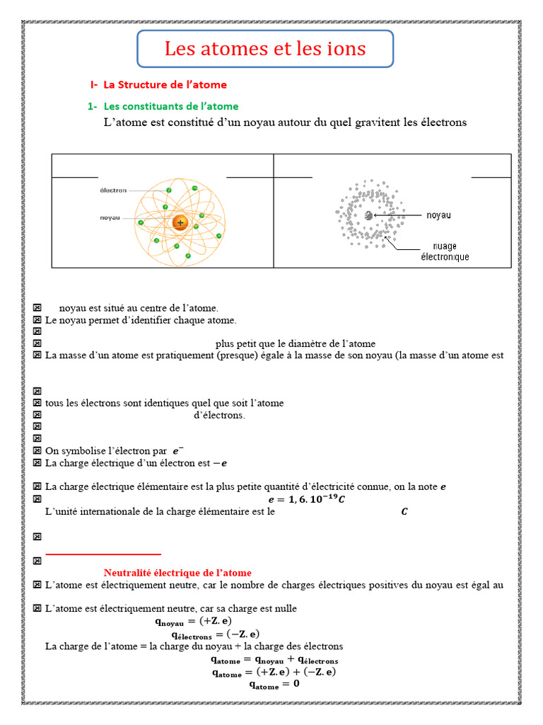 Les Atomes Et Les Ions: L'atome Est Constitué D'un Noyau Autour Du Quel ...
