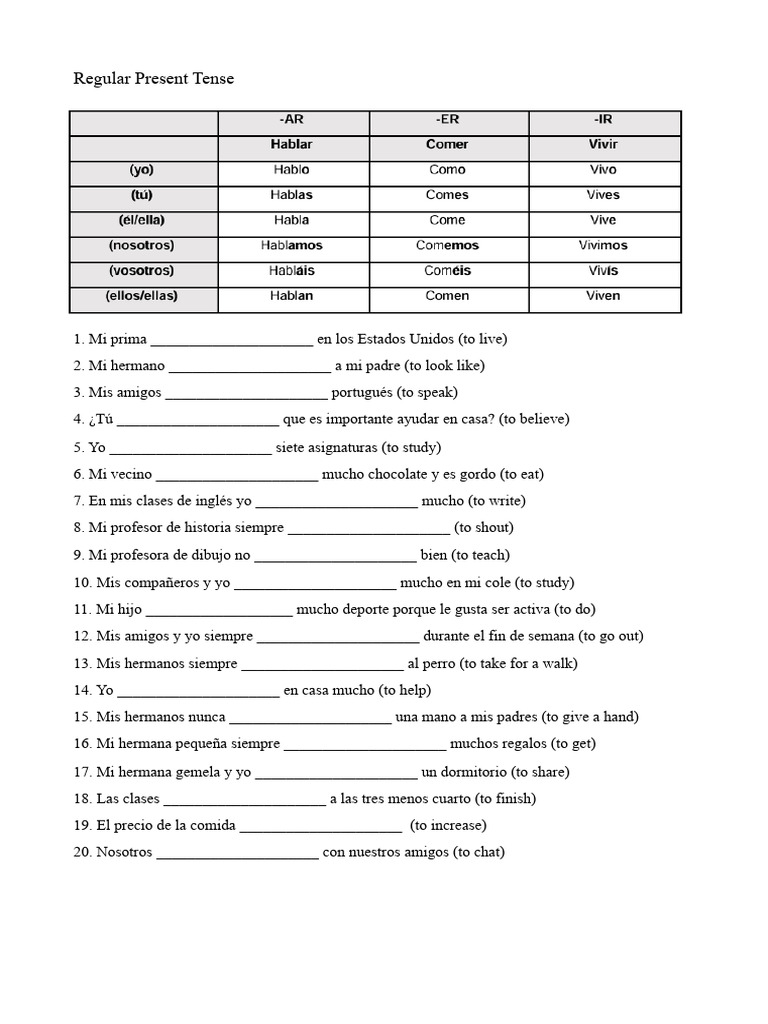 Spanish Verbs Worksheet | PDF