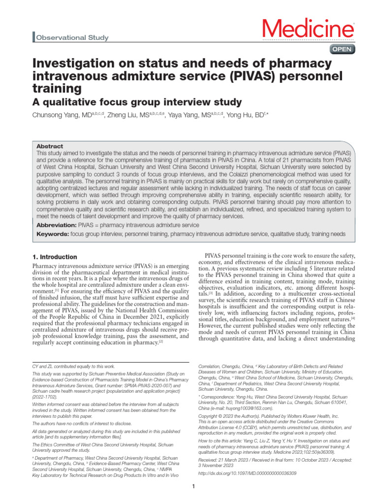 Medicine: Investigation On Status and Needs of Pharmacy Intravenous Admixture Service (PIVAS ...