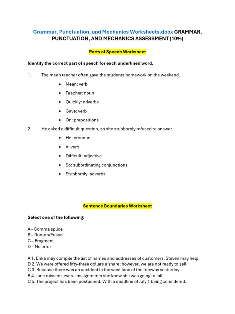 Grammar, Punctuation, and Mechanics Worksheets | PDF