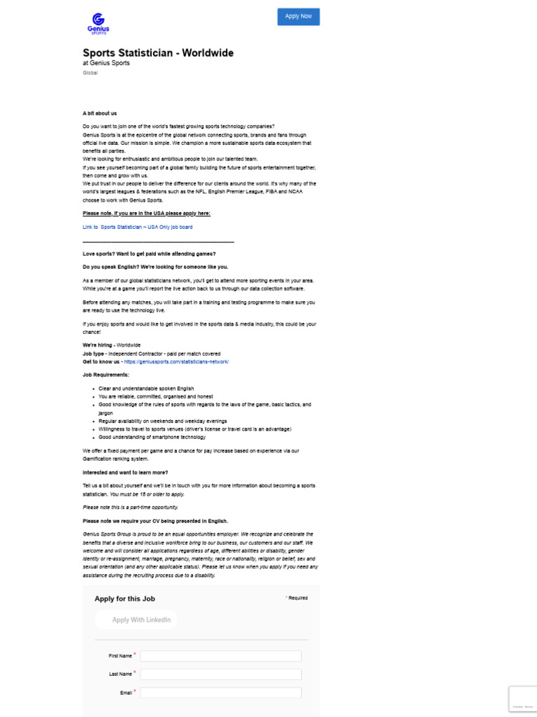 Job Application For Sports Statistician - Worldwide at Genius Sports | PDF