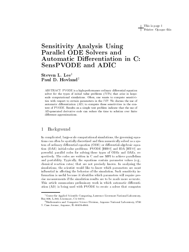 Sensitivity Analysis Using Parallel Ode Solvers and Automatic Dierentiation in C: Senspvode and ...