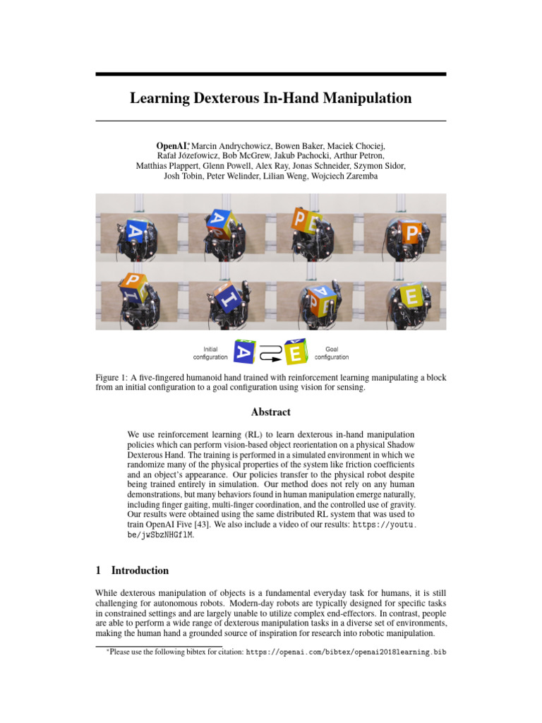 Paper of Learning Dextrous In-Hand Robot Manipulation | PDF | Simulation | Artificial Neural Network