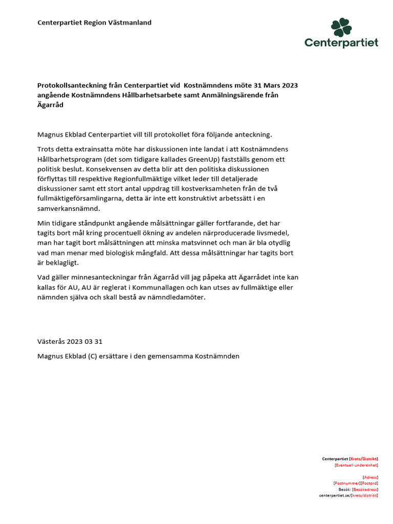 Bilaga 1 Protokollsanteckning Magnus Ekblad Centerpartiet Kostnämnden 2023 03 31 | PDF