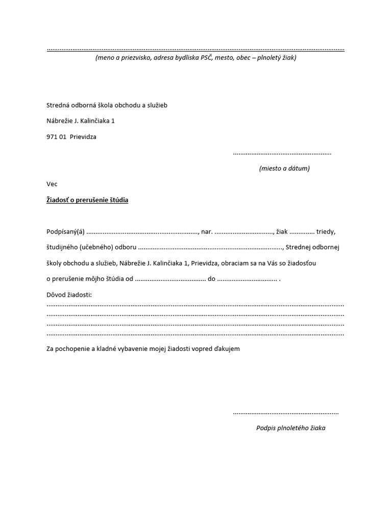 Plnoleti Ziaci-Ziadost o Prerusenie Studia | PDF