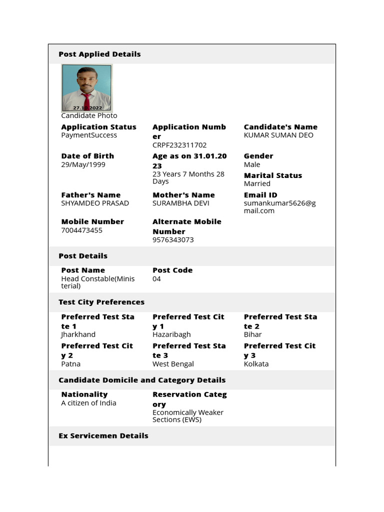 Crpf Form 2023 | PDF