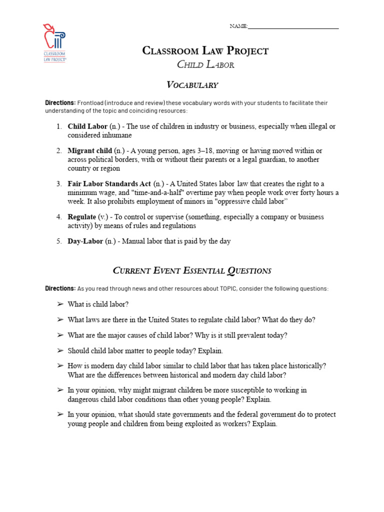Vocabulary Essential Questions Handout Child Labor 1 | PDF
