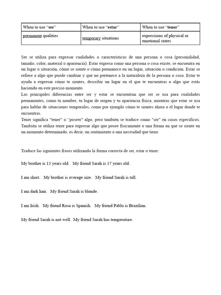 Spanish Verbs Ser Estar Tener | PDF | Language Arts & Discipline | Self ...