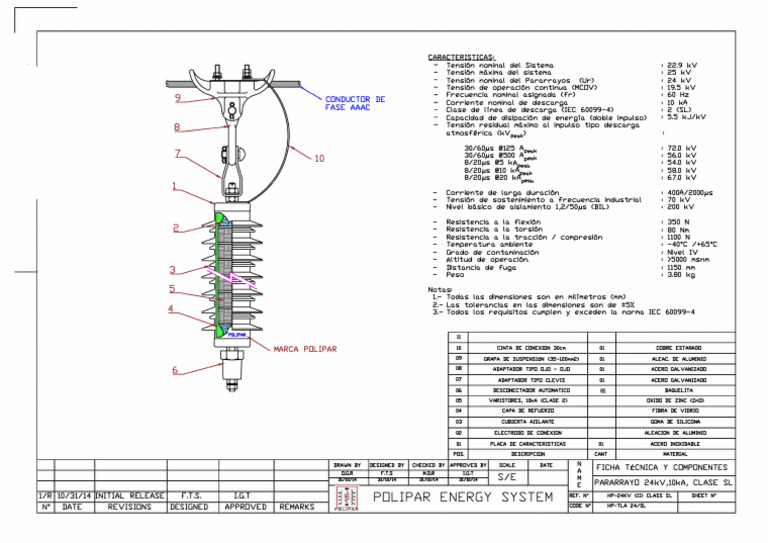 Ficha Técnica Pararrayos - 24kV - Clase 2 (SL) - Drawing | PDF