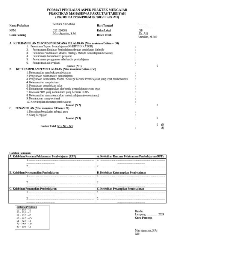 Format Penilaian Aspek Praktek Mengajar | PDF