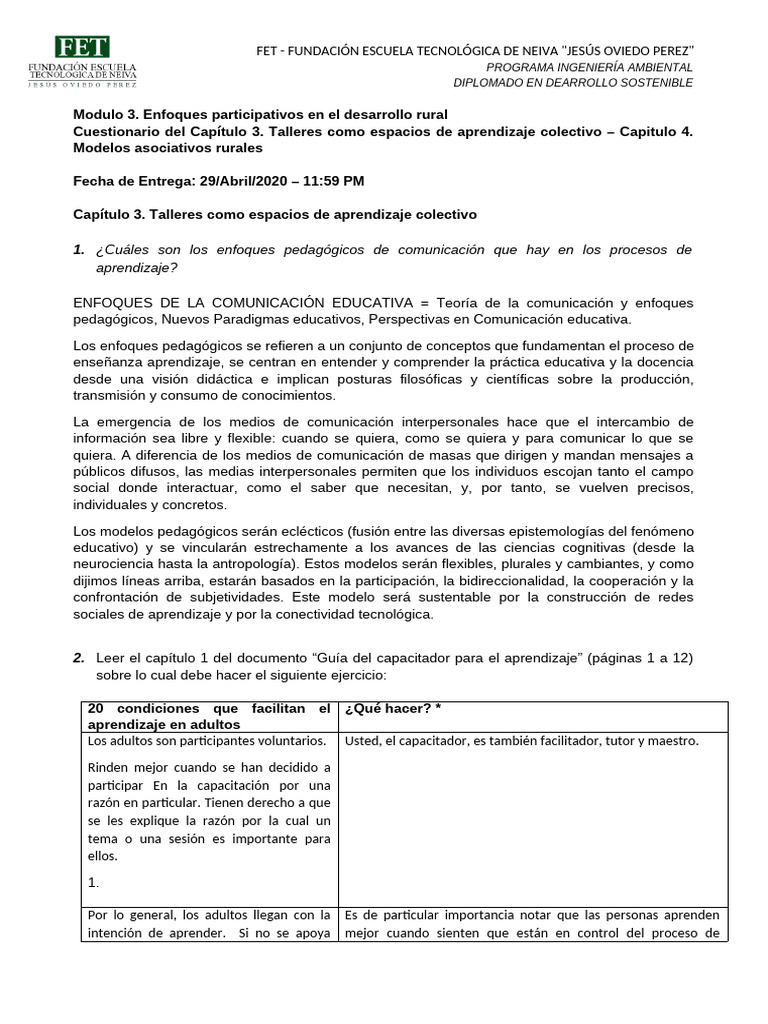 Cuestionario Modulo 3 - Capitulo 3 y 4 | PDF | Aprendizaje | Business Cuestionario Modulo 3 - Capitulo 3 y 4 | PDF | Aprendizaje | Business
