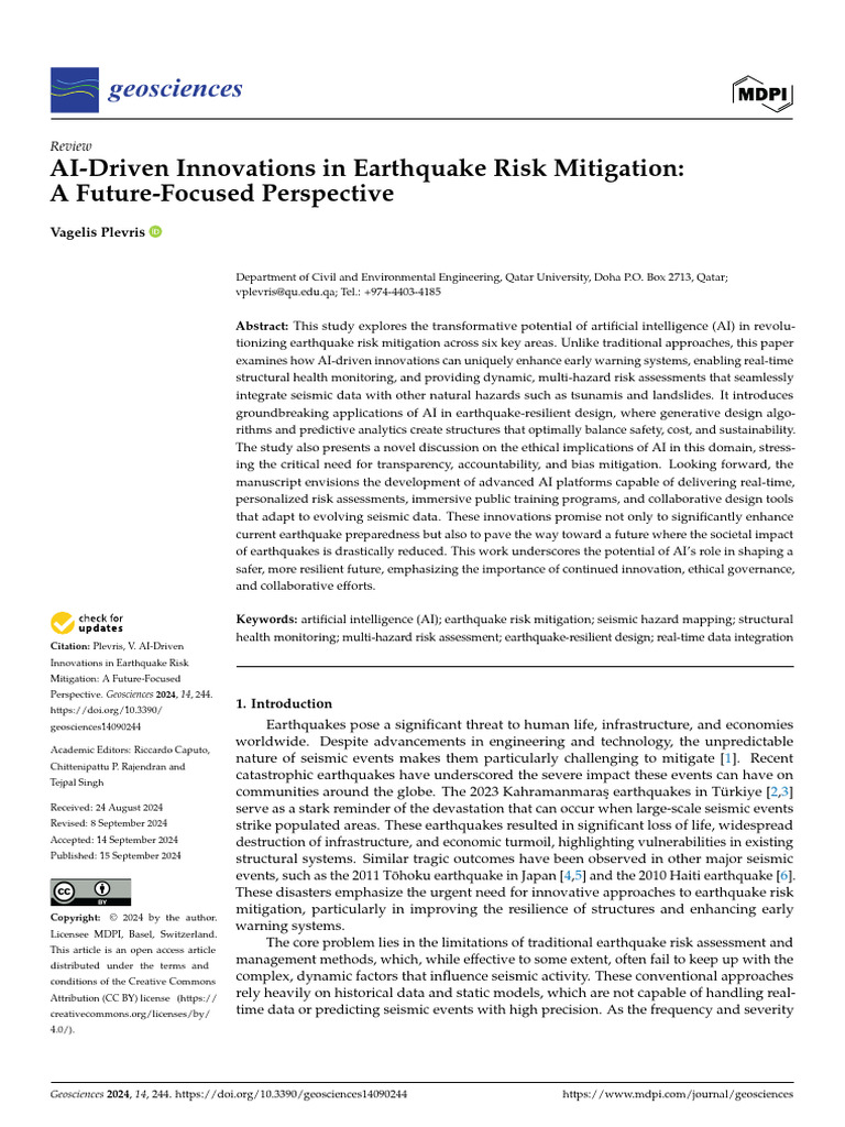 AI-Driven Innovations in Earthquake Risk Mitigation | PDF