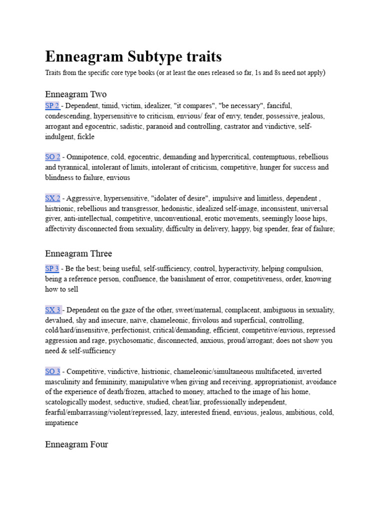Enneagram Subtype Traits Updated With E4 Traits | PDF