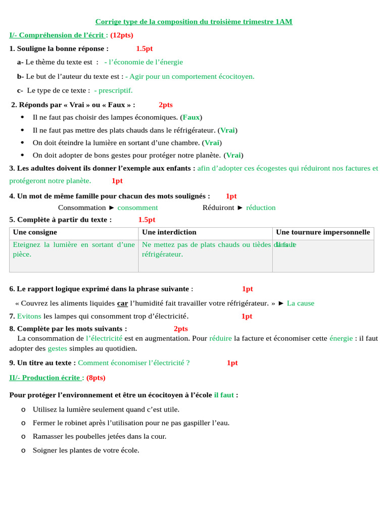 Corrige Type de La Composition Du Troisième Trimestre 1AM | PDF