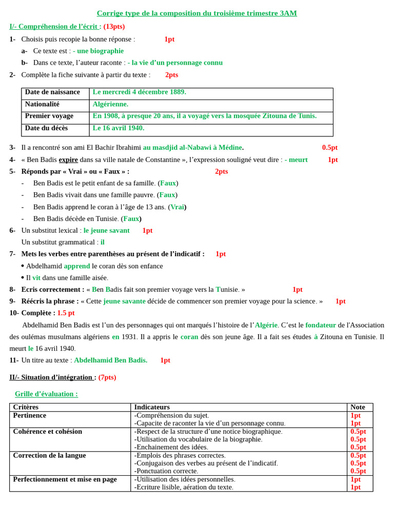 Corrige Type de La Composition Du Troisième Trimestre 3AM | PDF