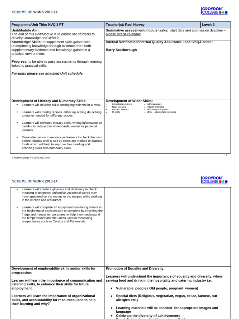 NVQ 3 Theory Scheme of Work 1314 | PDF