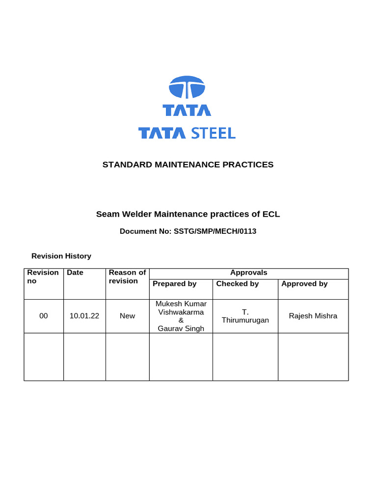 SMP MECH - 0113 - Seam Welder Standard Maintenance Practices of ECL | PDF