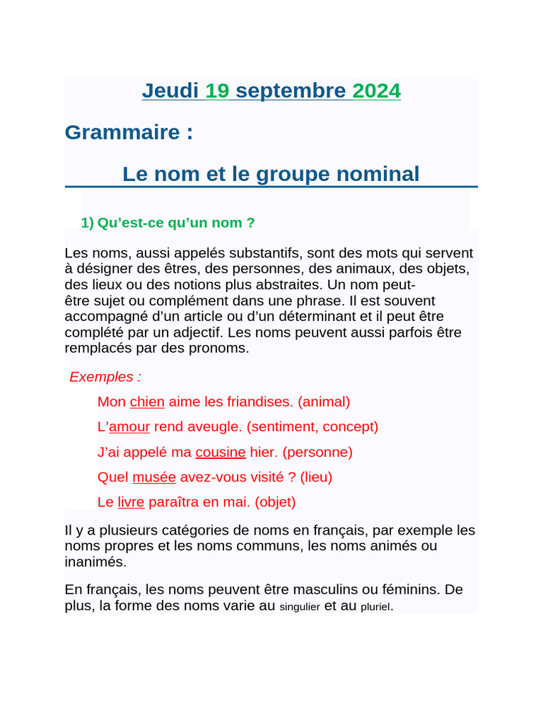 Les noms dans la grammaire française - leçon | PDF