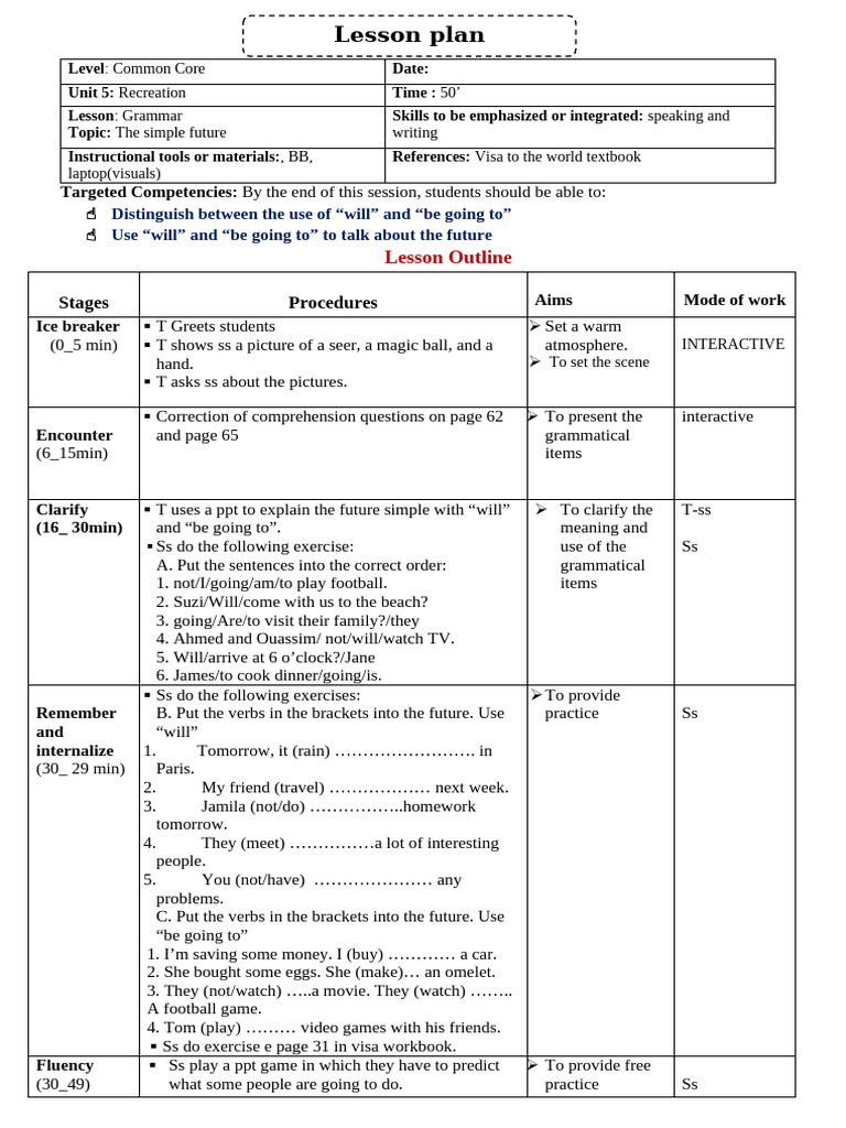 4 - Lesson Plan - Unit5 - Recreation - Grammar - The Simple Future | PDF