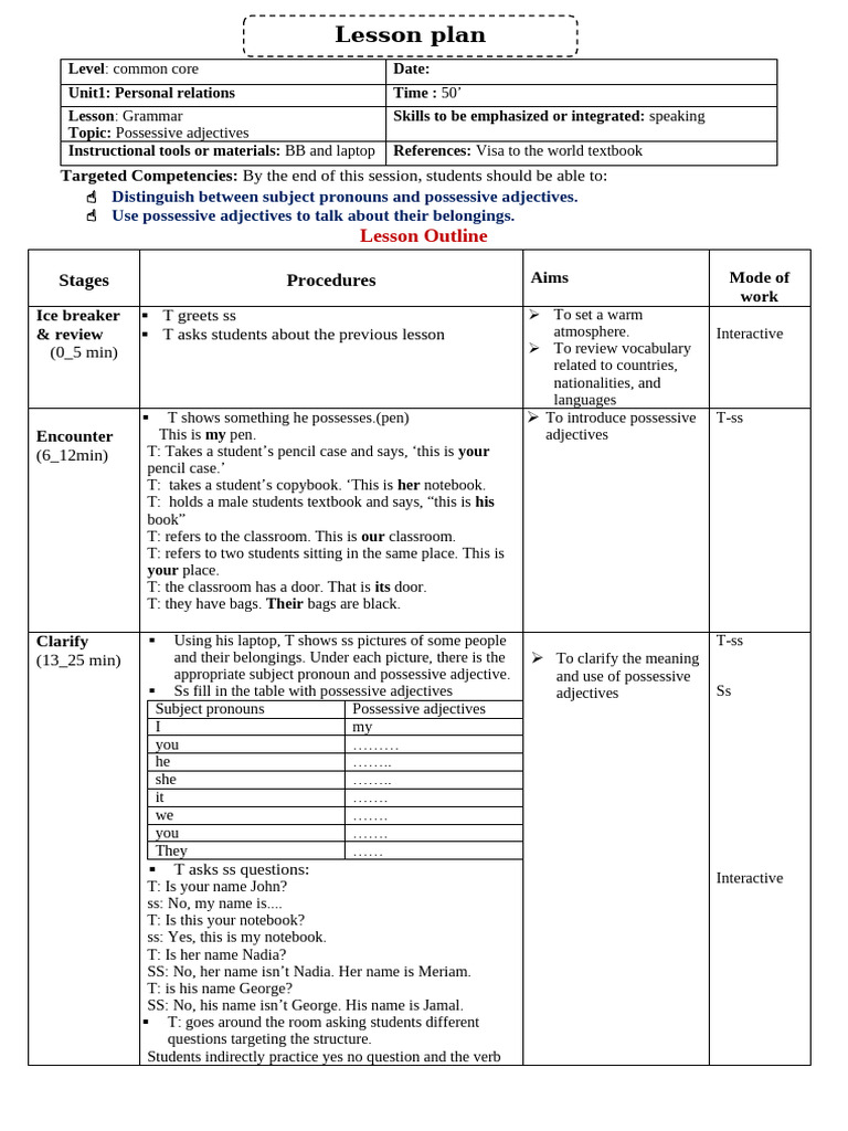 4 Unit 1 Grammar Possessive Adjectives | PDF
