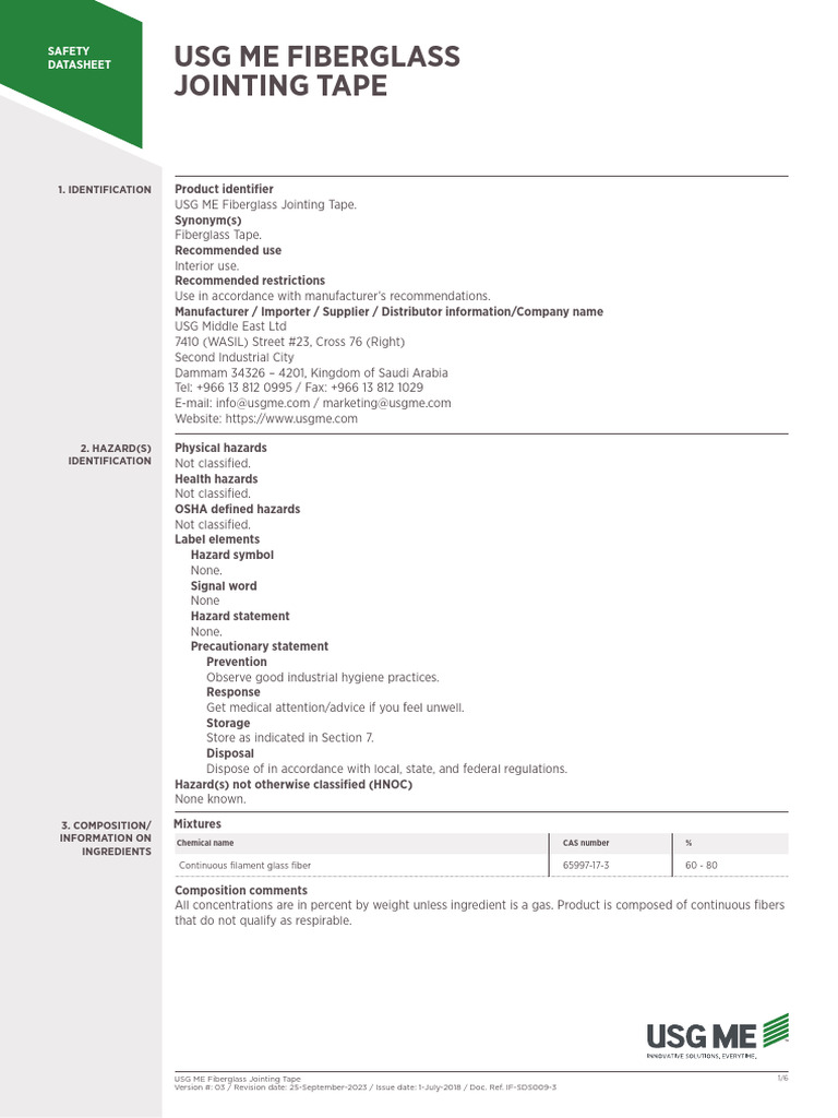 Usg Me Fiberglass Jointing Tape Ref. If-Sds009-3 | PDF | Fiberglass ...