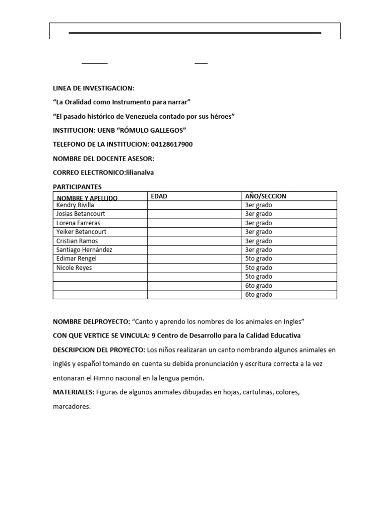 Uenb Rómulo Gallegos Ficha Del Iv Reto Estudiantil de Lengua e Idiomas | PDF