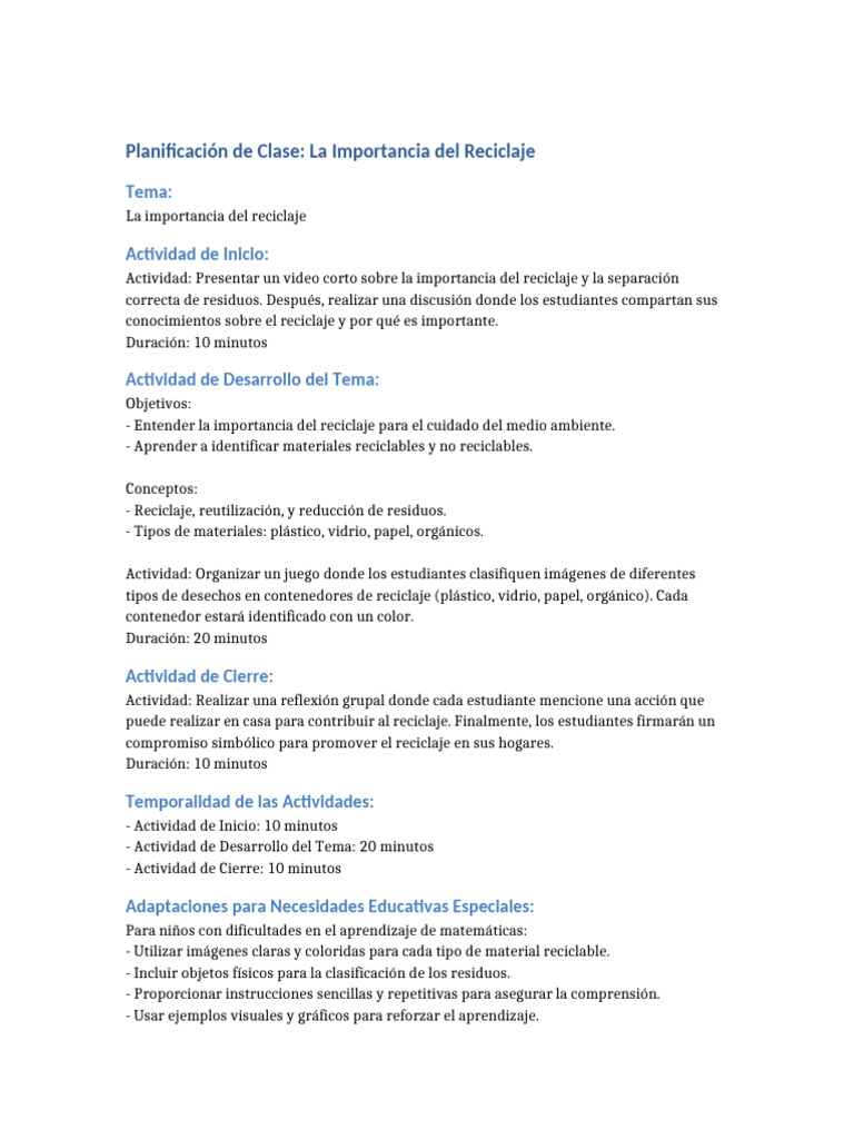 Planificación Clase Reciclaje | PDF